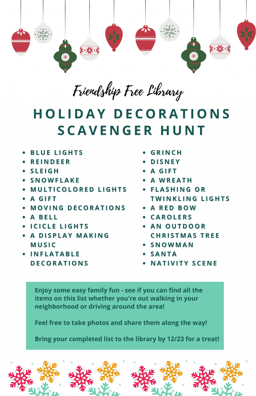 Holiday Scavenger Hunt – Welcome to the Friendship Free Library!